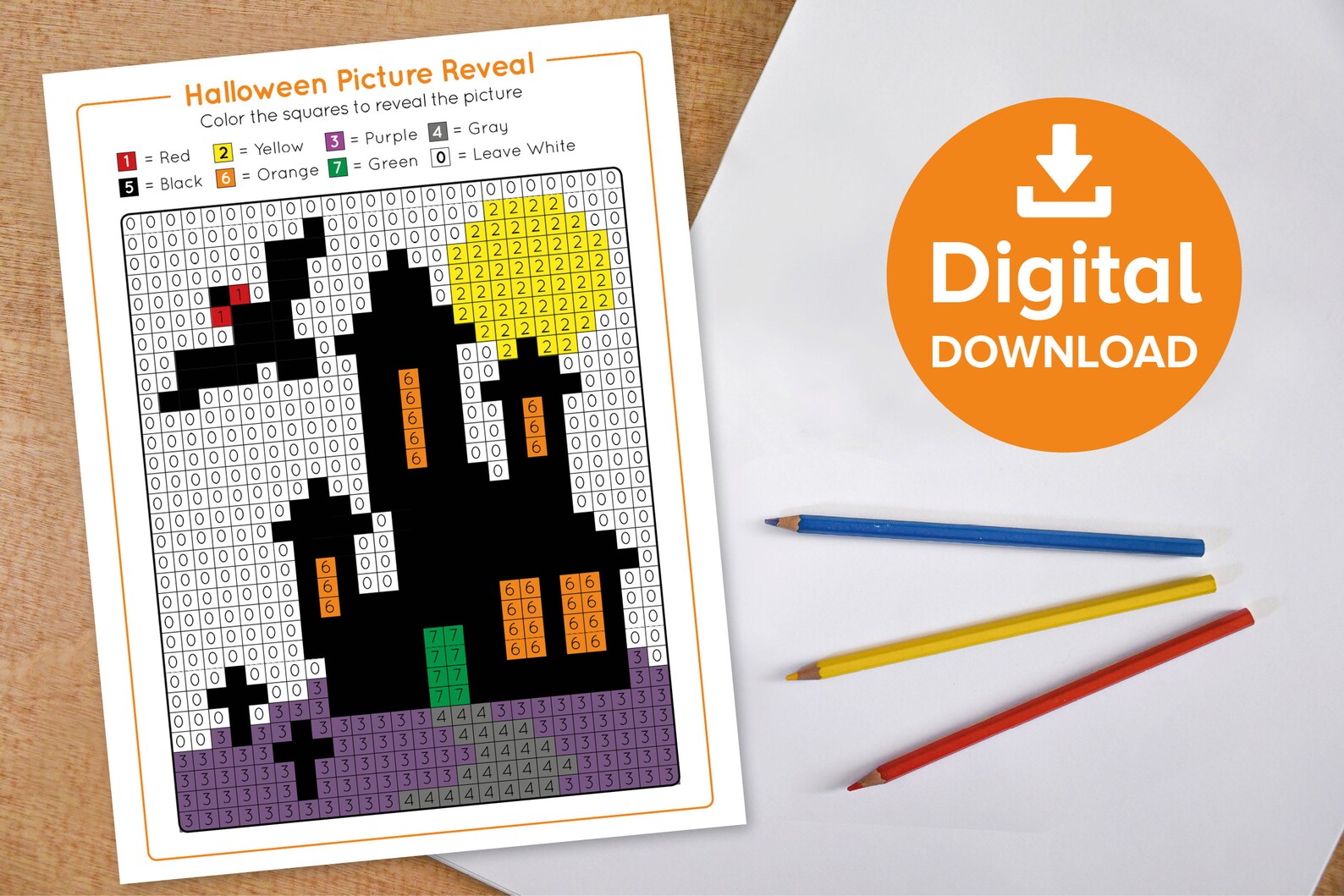 Halloween Color by Number Coding Worksheet, Haunted House Picture ...