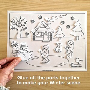 Winter Scene Cut & Paste Craft, Snowy Cabin Ice Skating Coloring Page ...