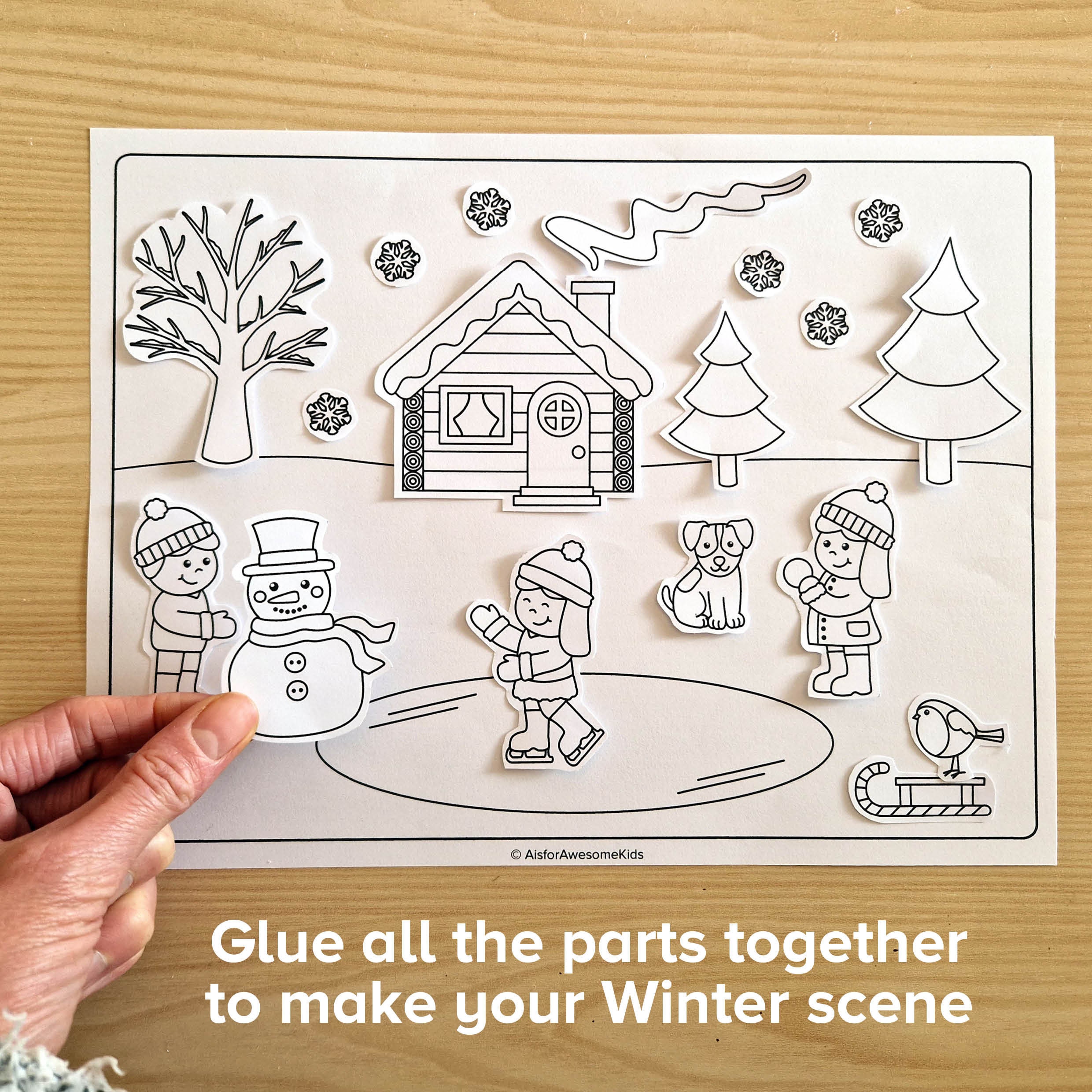 Winter Scene Cut & Paste Craft, Snowy Cabin Ice Skating Coloring Page ...