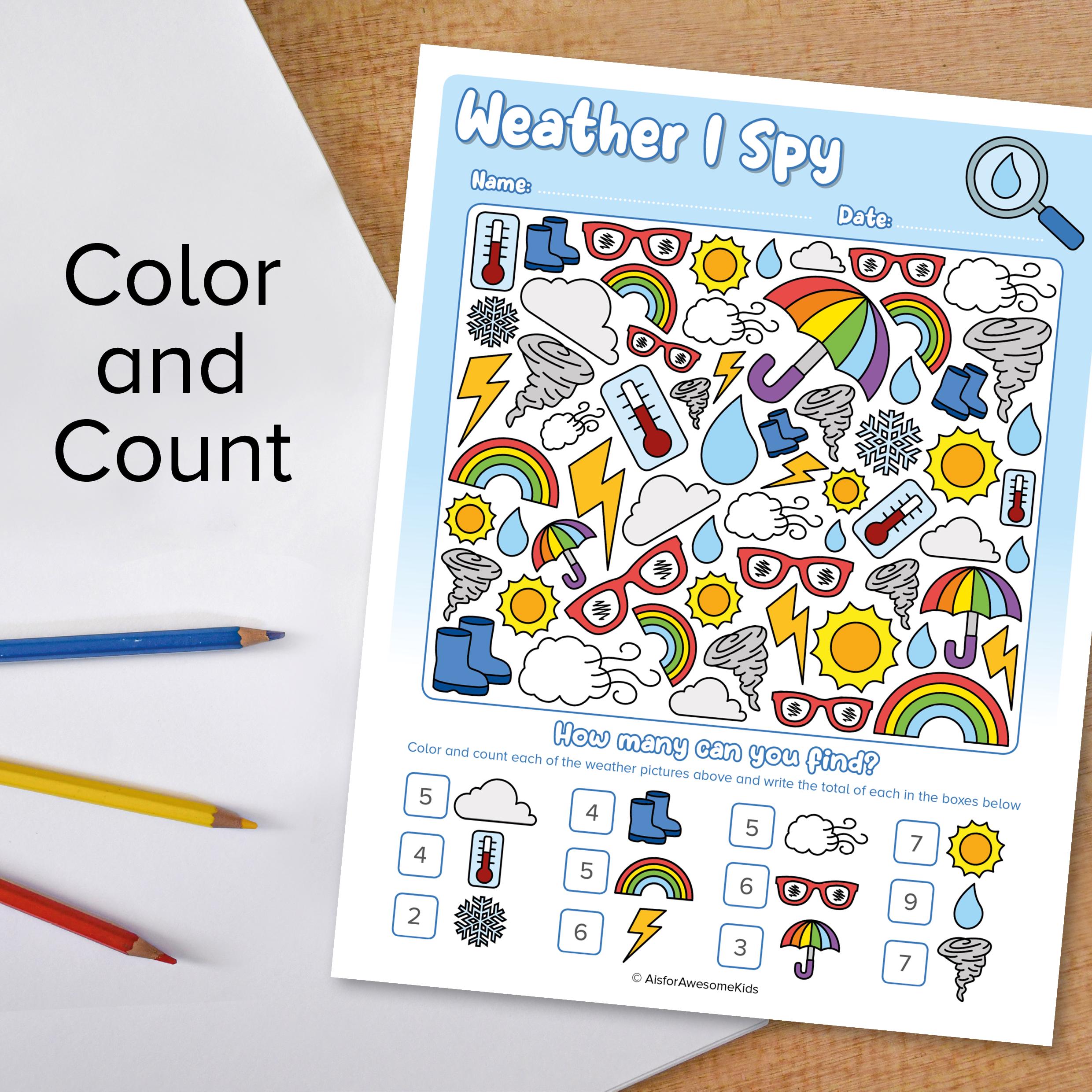 Weather I Spy Worksheet, Spring Eye Spy Color and Count Challenge ...