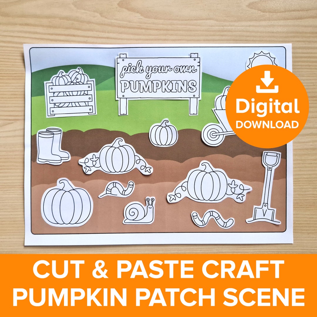 Pumpkin Patch Scene Cut & Paste Craft, Farm Field Halloween Coloring ...
