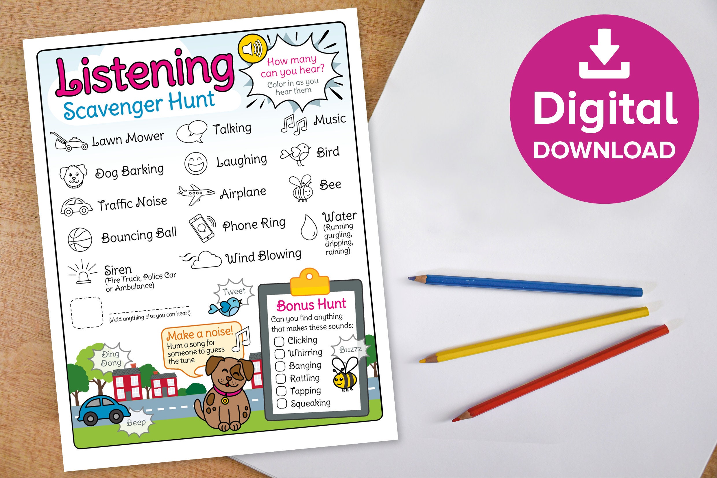 Listening Scavenger Treasure Hunt, Kids Sound Walk, Outdoor Coloring ...