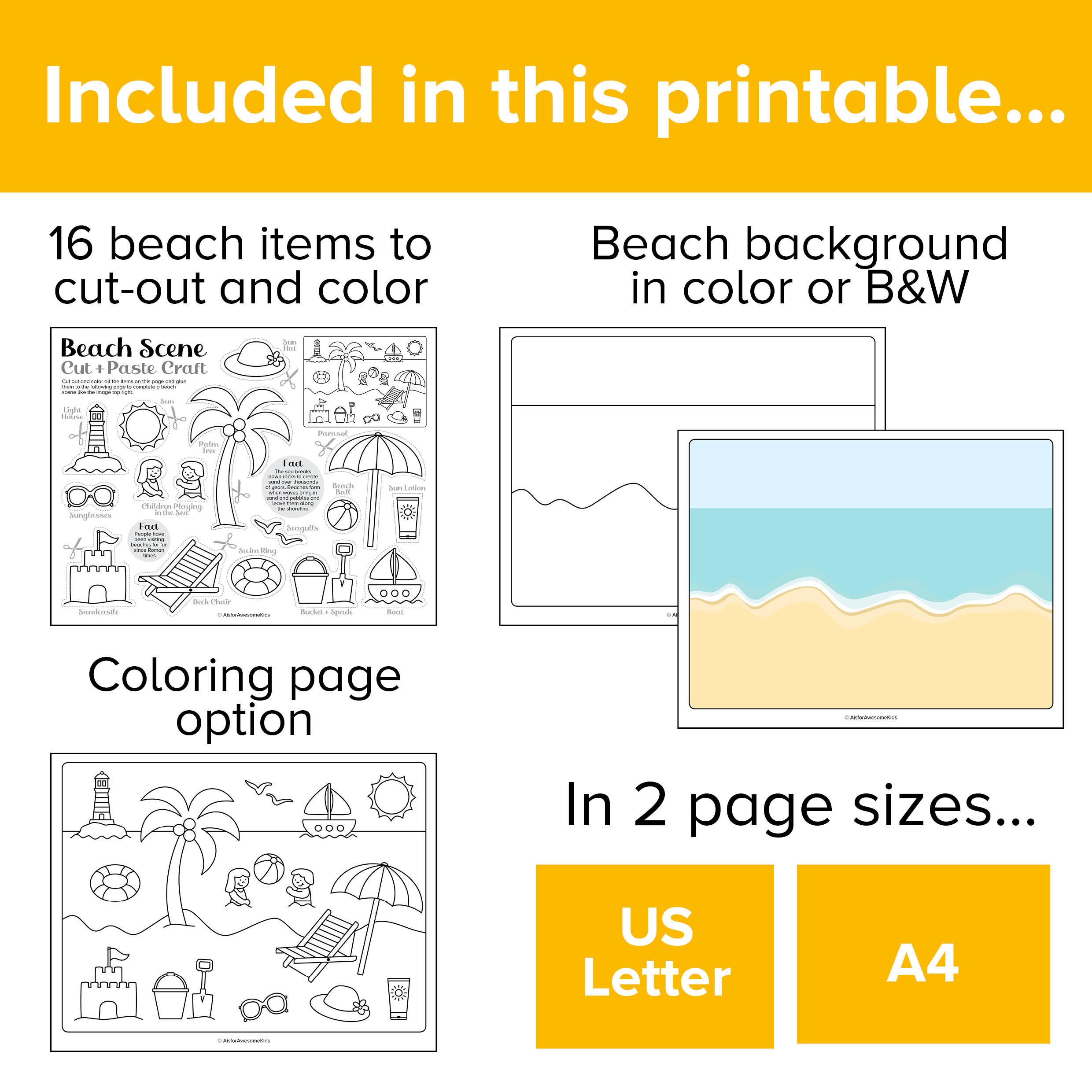Beach Scene Cut & Paste Craft, Seaside Coloring Page Activity, Summer ...
