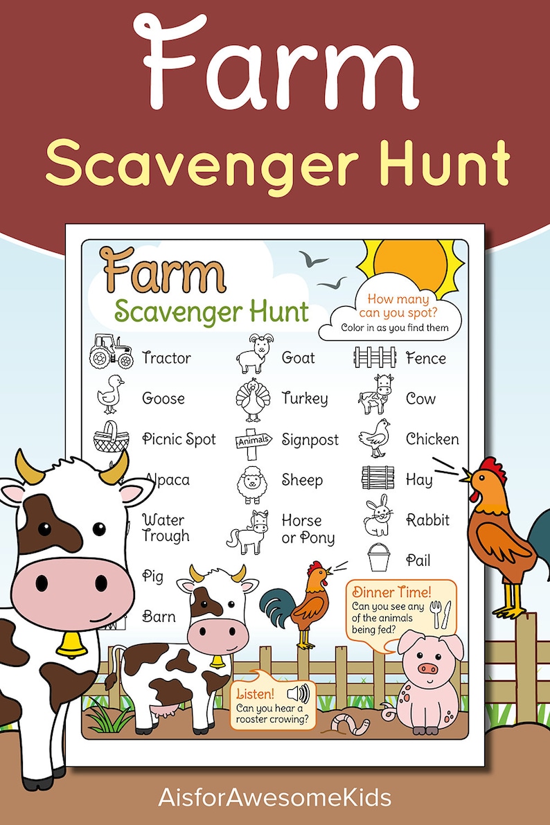 Farm Scavenger Hunt, Kids Animal Park Treasure Hunt, Children Outdoor ...