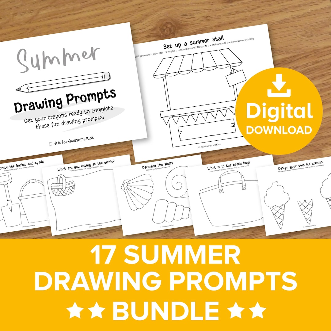 Summer Drawing Prompt Bundle, Childrens Doodle Picture Challenge ...