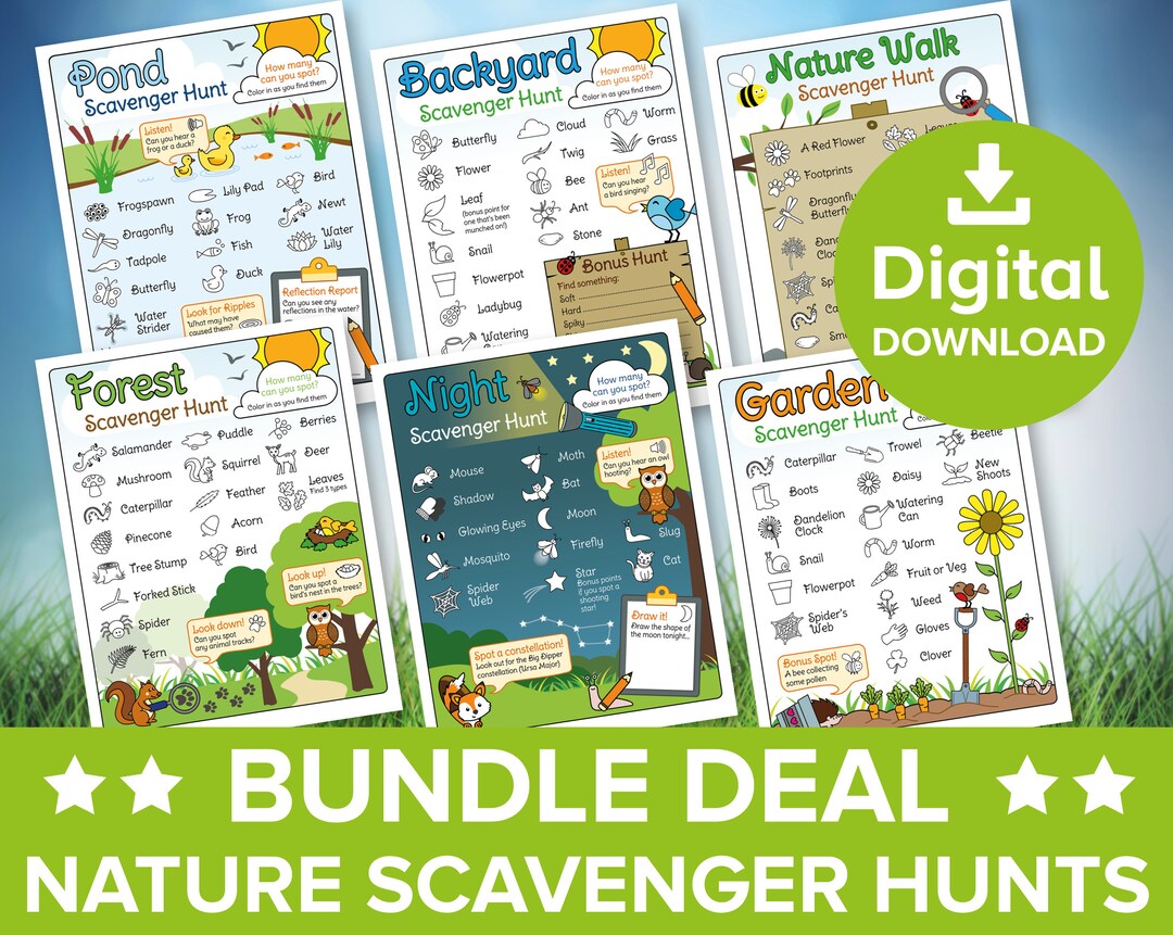 Nature Scavenger Hunt Bundle, 6 Kids Outdoor Treasure Hunt Trails, Find ...