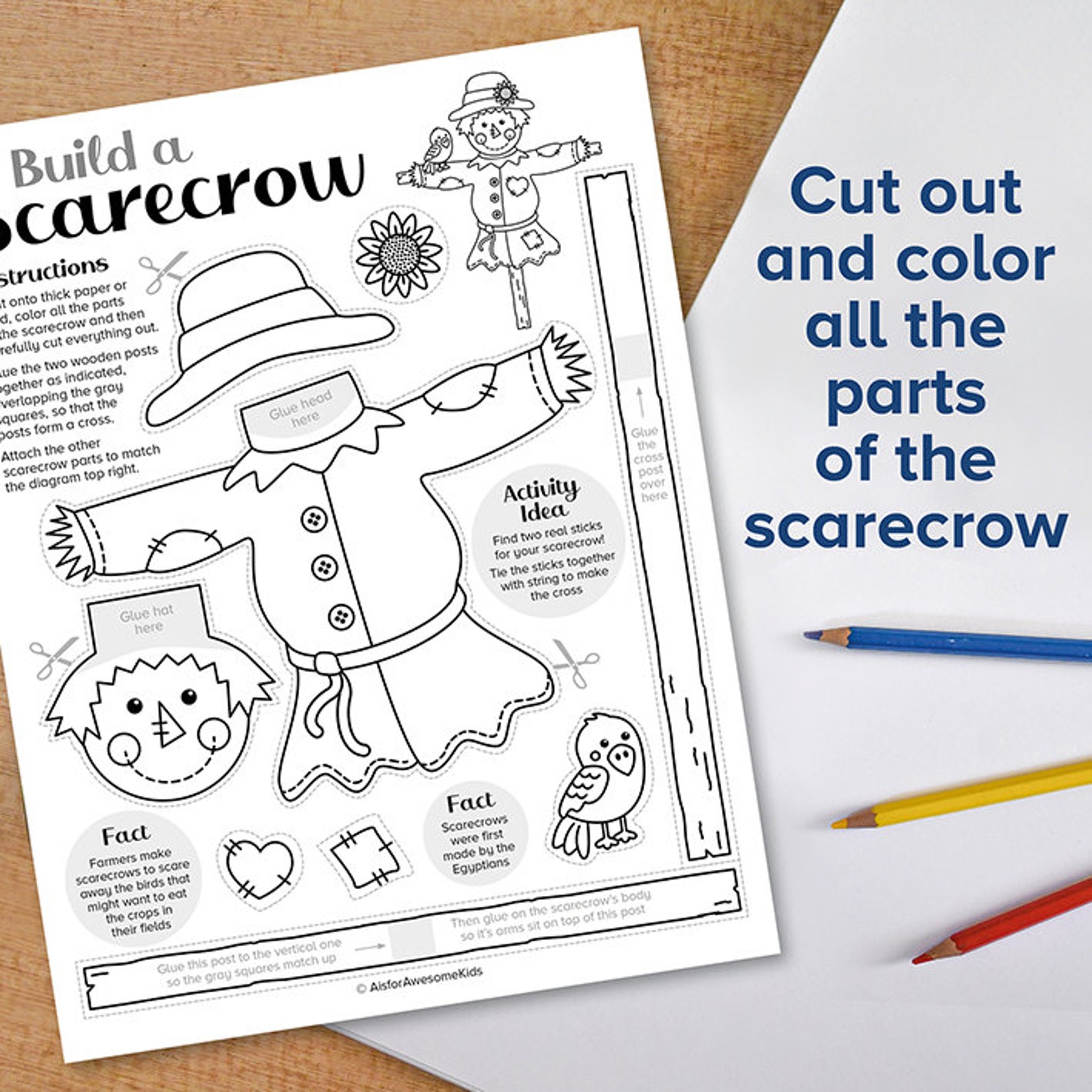 Scarecrow Cut & Paste Craft, Color and Build Autumn Straw Man, Kids ...