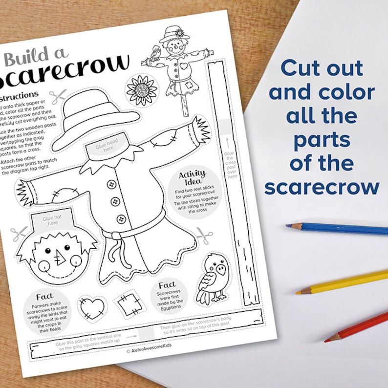 Scarecrow Cut & Paste Craft, Color and Build Autumn Straw Man, Kids ...