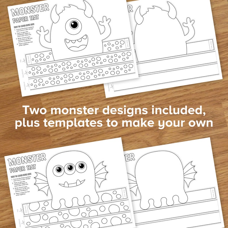 Monster Paper Hat Halloween Crafts, Spooky Coloring Birthday Party Bag ...