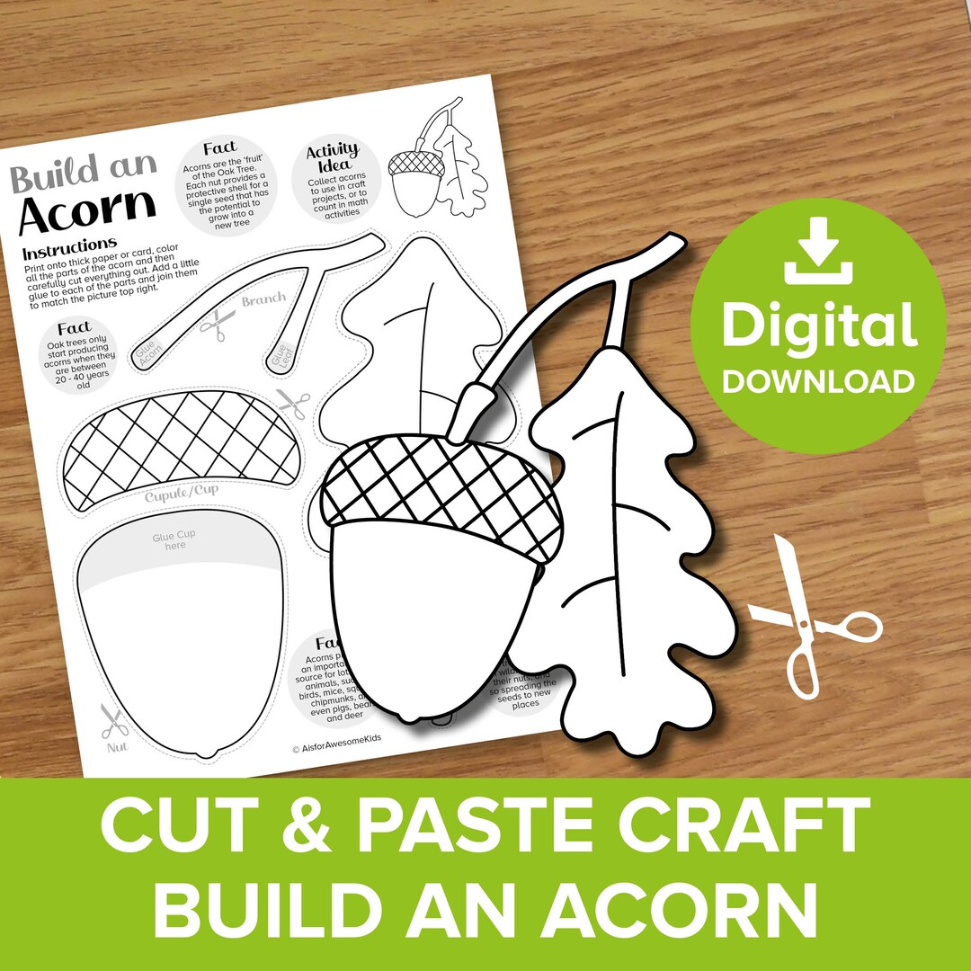 Build an Acorn Cut & Paste Craft, Autumn Fall Coloring Activity Page ...
