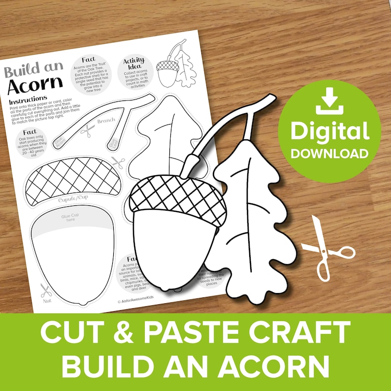 Build an Acorn Cut & Paste Craft, Autumn Fall Coloring Activity Page ...