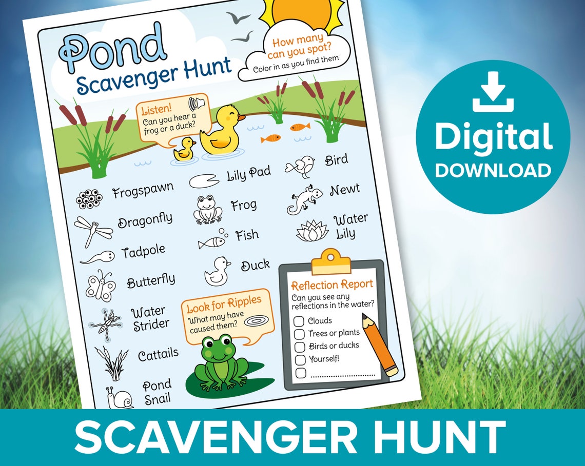 Pond Scavenger Treasure Hunt, Kids Wildlife Look & Find Trail ...