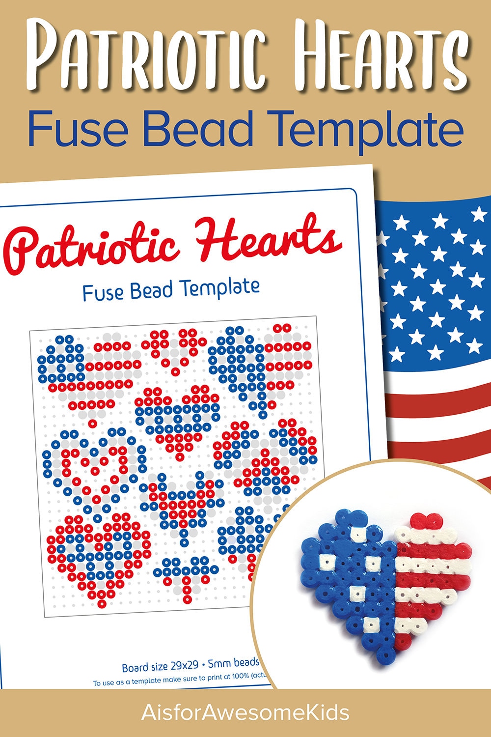 USA Hearts Fuse Bead Template, 4th July Patriotic American Flag Craft ...