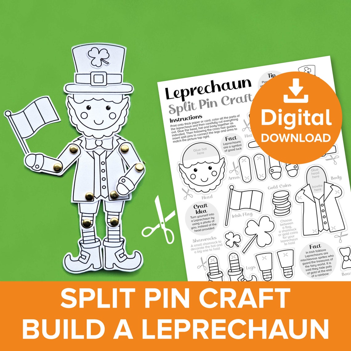 Leprechaun Split Pin Craft, St Patrick's Day Irish Sprite Paper Doll ...