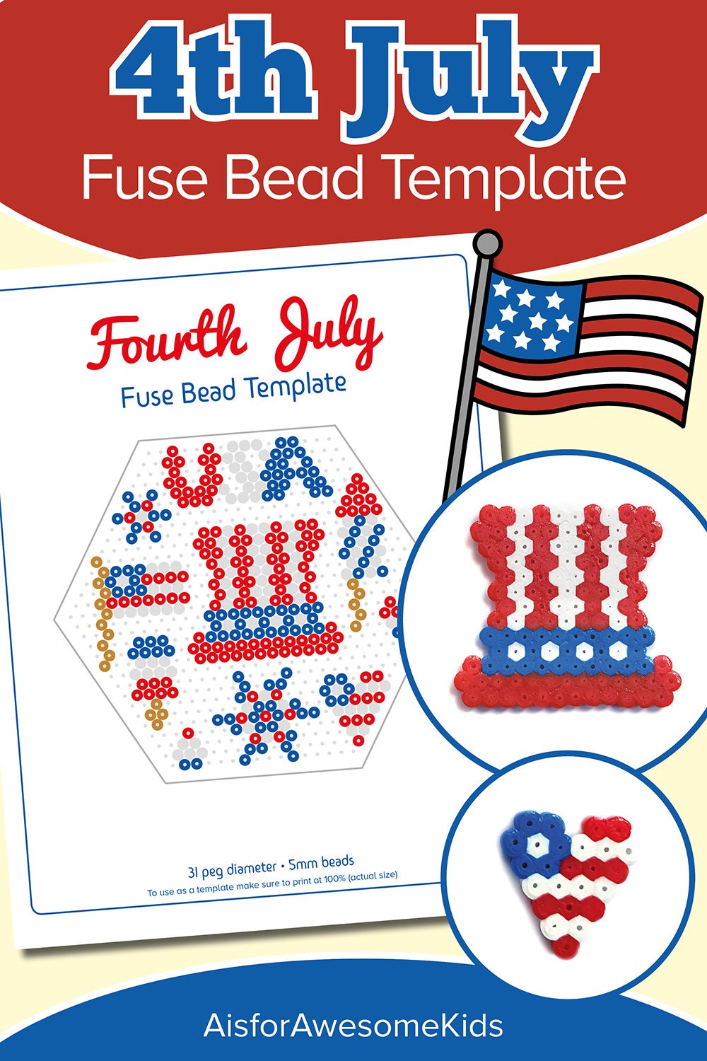 4th July Fuse Bead Template, Independence Day Hama Perler Pyssla Craft ...