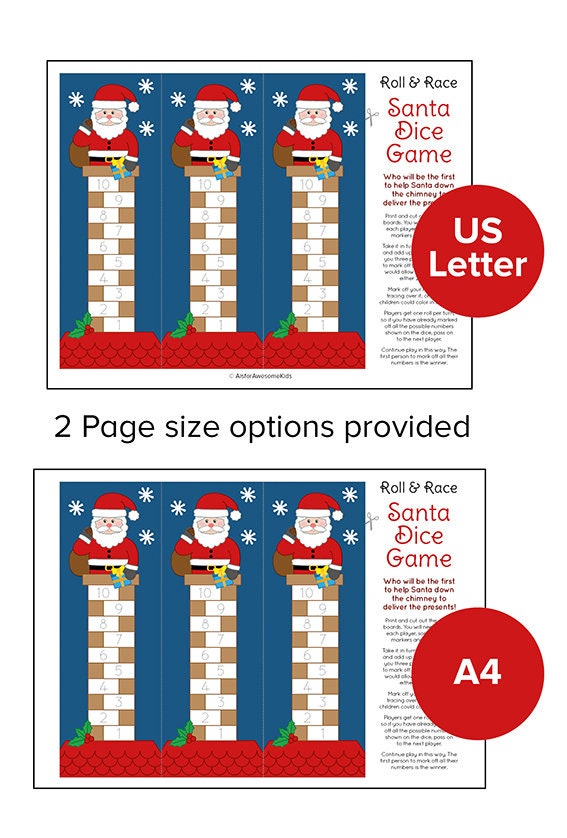 Roll & Race Santa Christmas Dice Game, Kids Xmas Math Coloring Activity ...