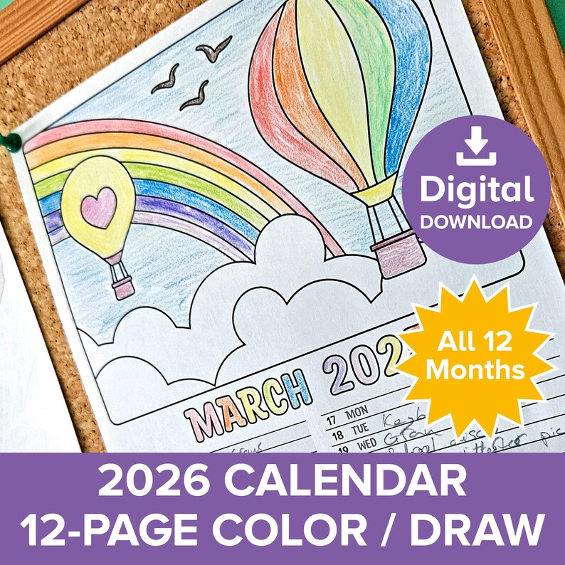2026 Coloring Calendar Printable, January Month to View 12 Page Lined ...