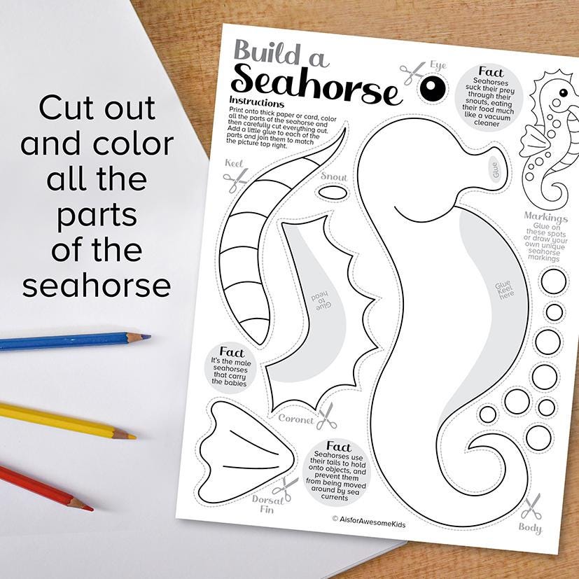 Seahorse Cut & Paste Craft Printable, Marine Life Sea Horse Fish Color ...