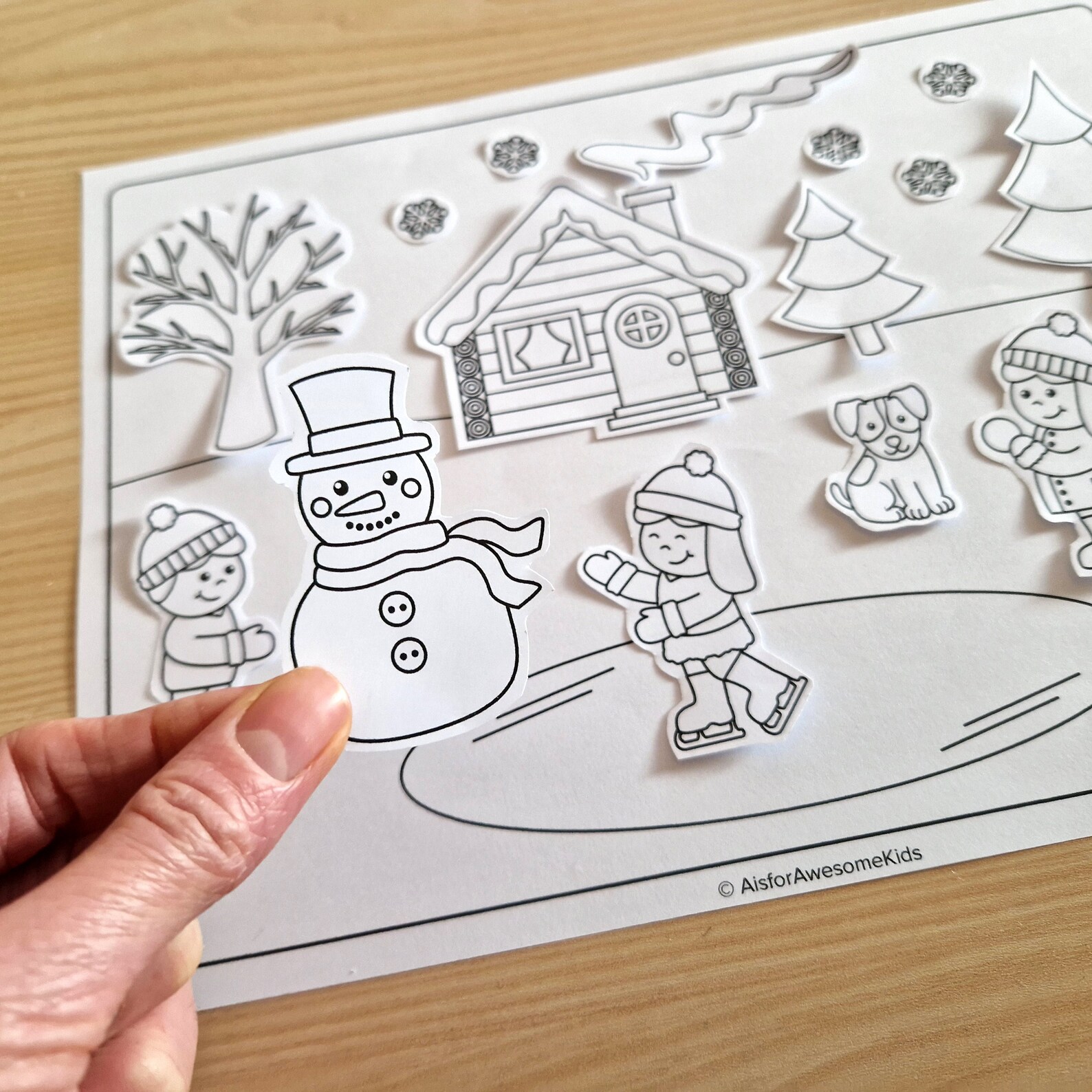 Winter Scene Cut & Paste Craft, Snowy Cabin Ice Skating Coloring Page ...