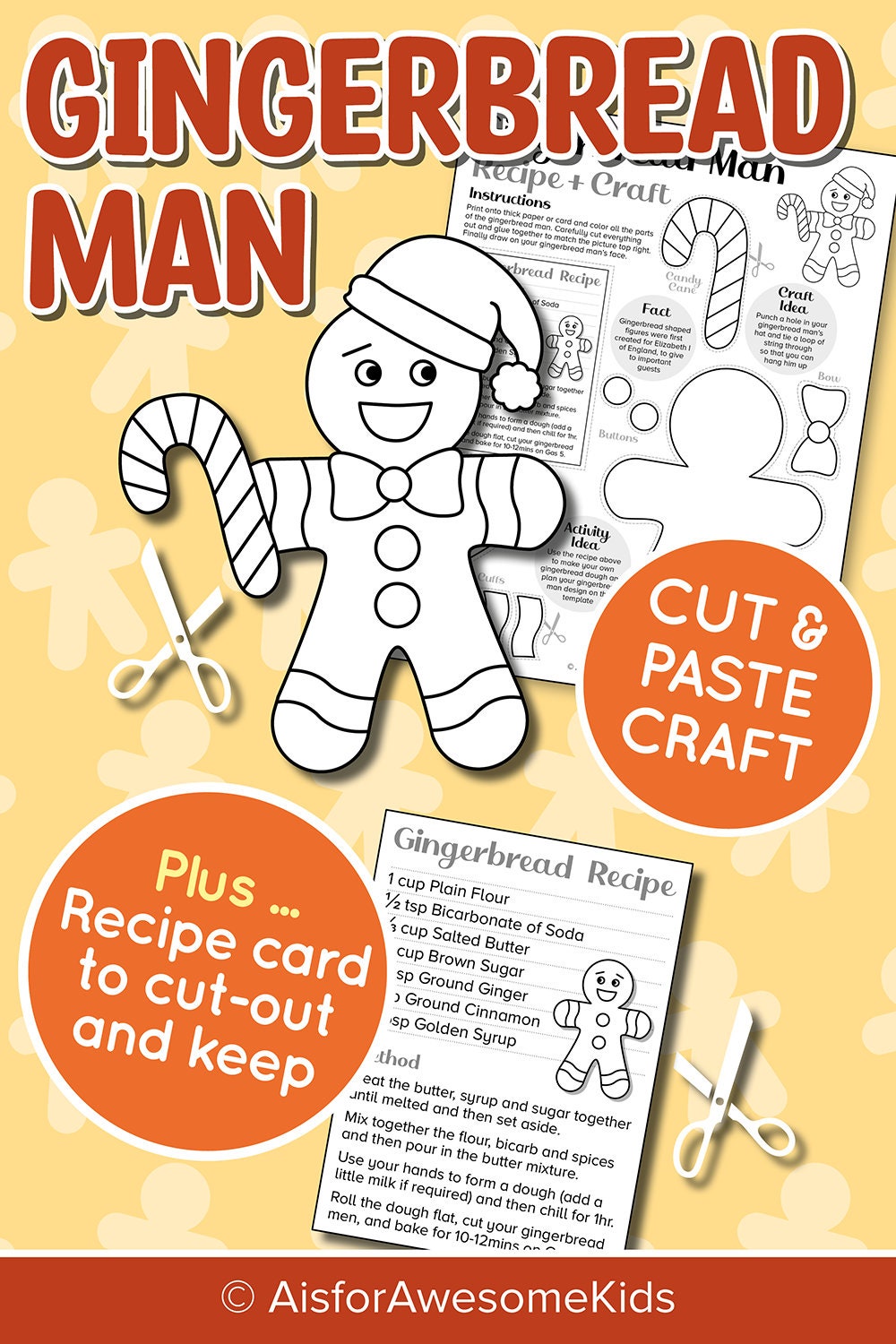 Gingerbread Man Cut & Paste Craft Plus Recipe Card, Christmas Color ...