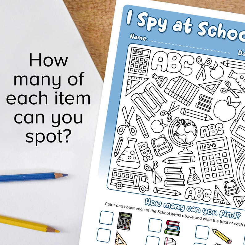Back to School I Spy Worksheet, Classroom Supplies Eye Spy Color and ...