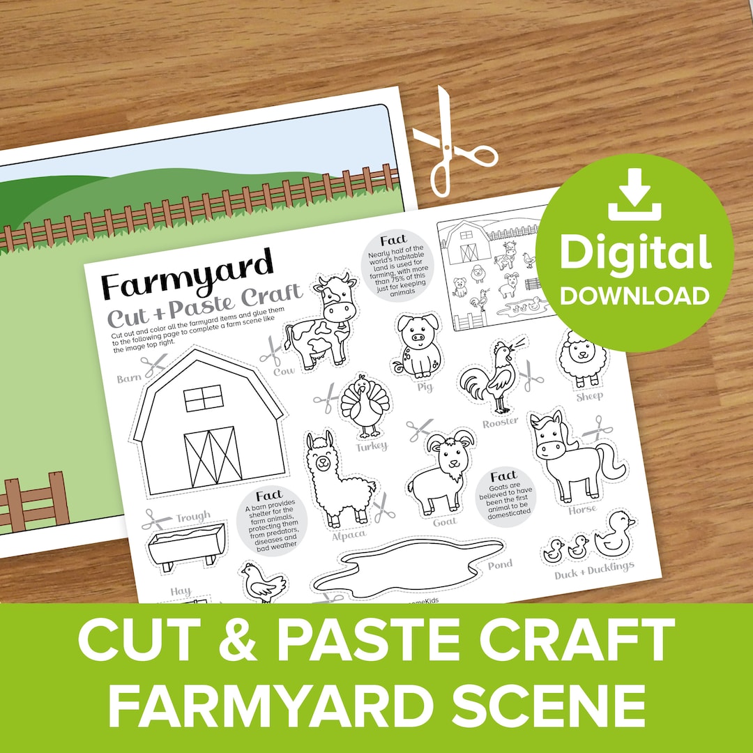 Farmyard Scene Cut & Paste Craft, Animal Park Coloring Page Picture ...