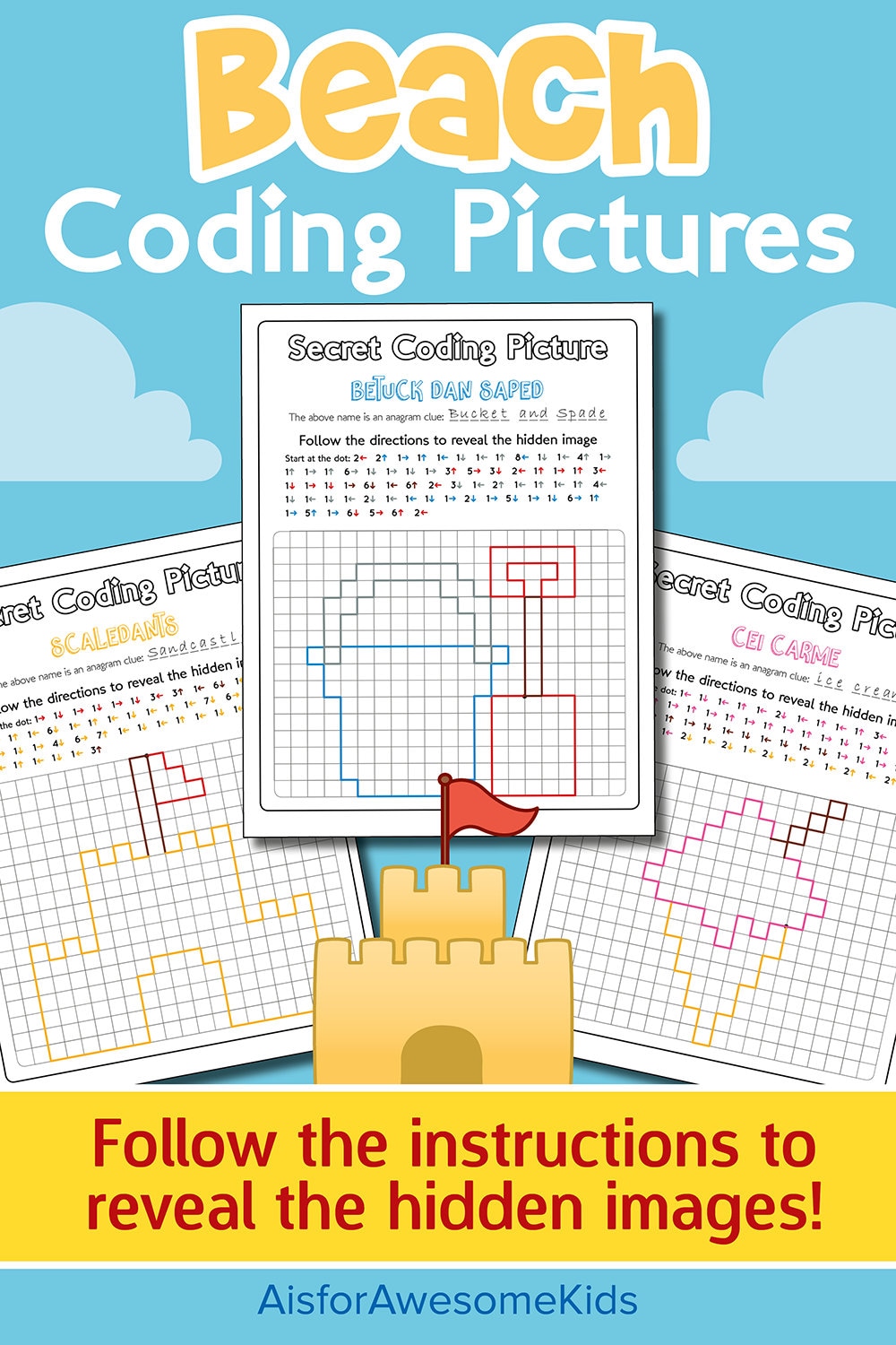 Beach Coding Worksheets, Summer Hidden Picture Reveal, Seaside Pixel ...