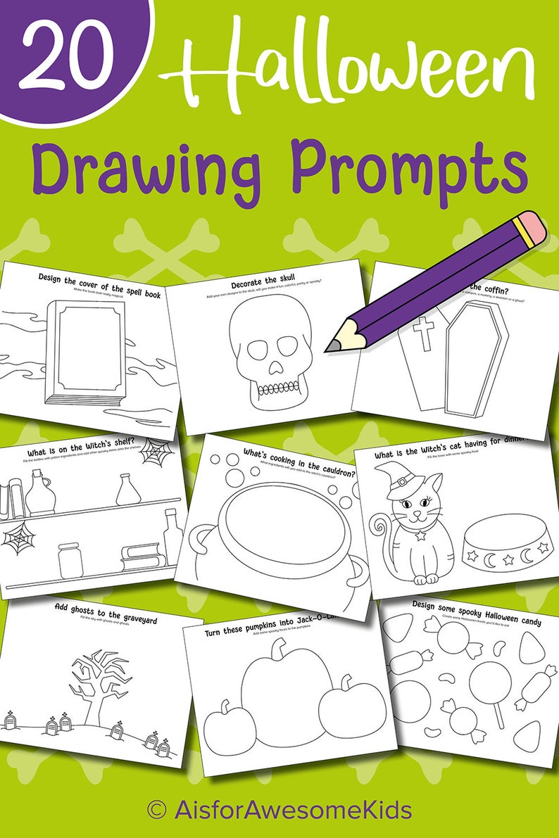 Halloween Drawing Prompt Bundle, Children's Spooky Doodle Picture, Draw ...