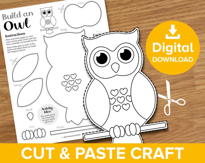 Build an Owl Cut & Paste Craft, Autumn Bird Coloring Printable Kit ...