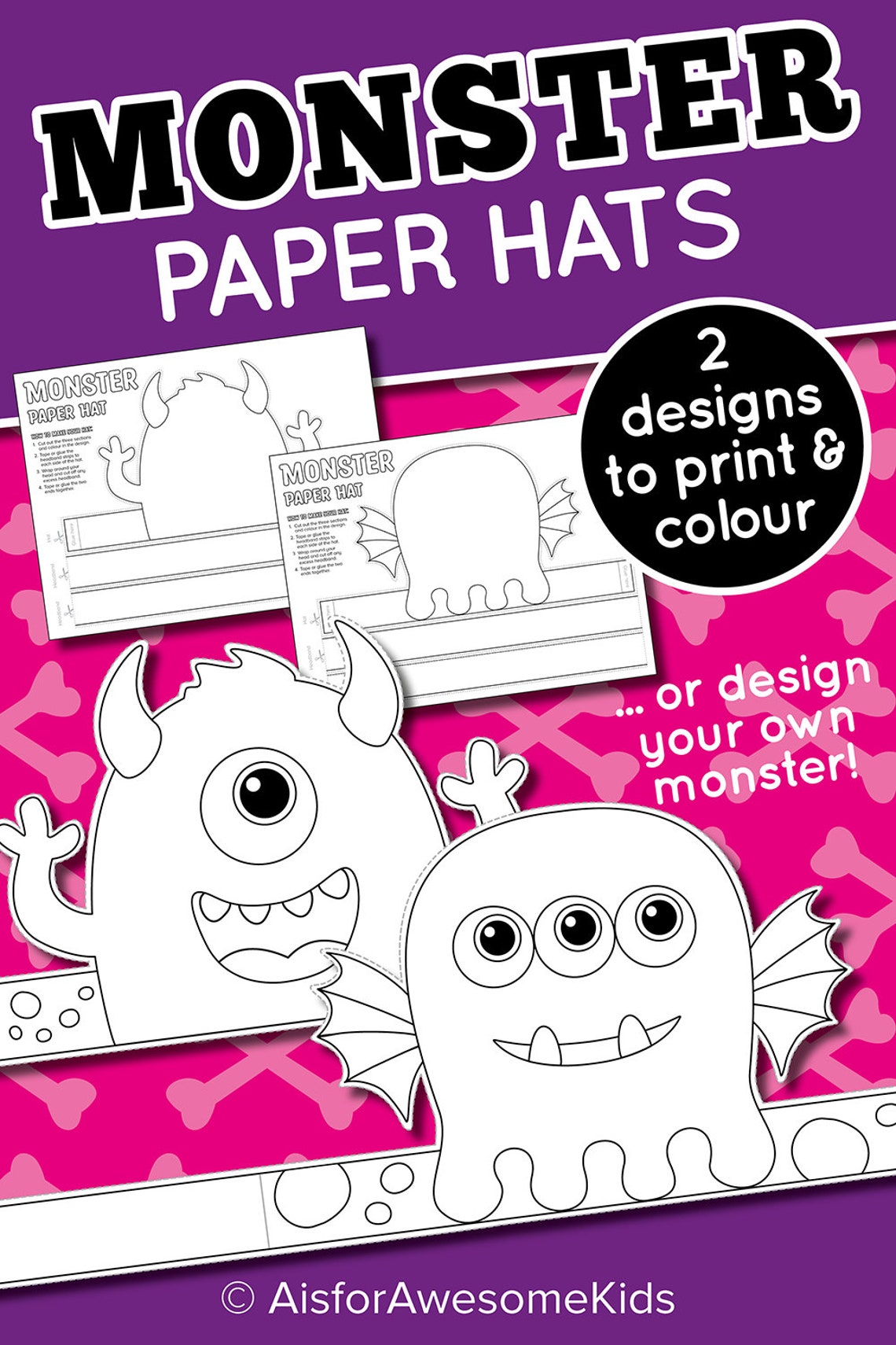 Monster Paper Hat Halloween Crafts, Spooky Coloring Birthday Party Bag ...