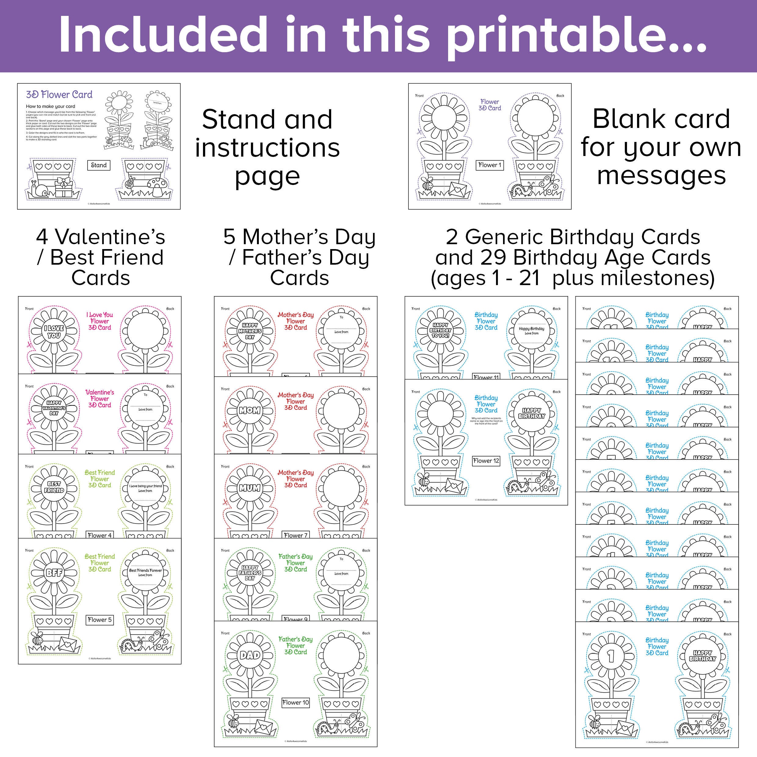 3D Flower Greetings Card Craft, Mother's Day Gift Printable, Valentine ...