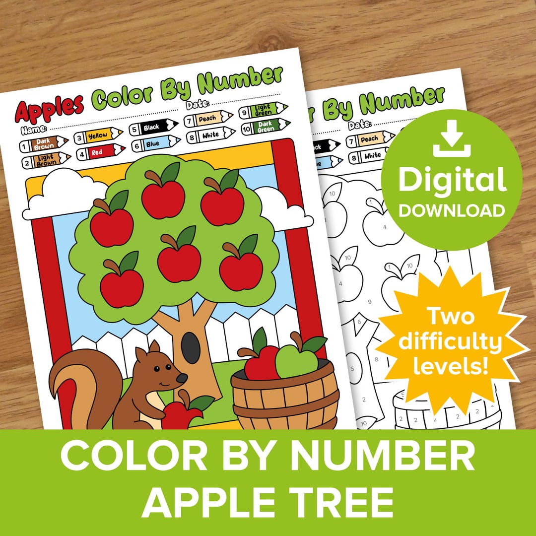 Apples Color by Number Worksheets, Fall Tree Educational Math Printable ...