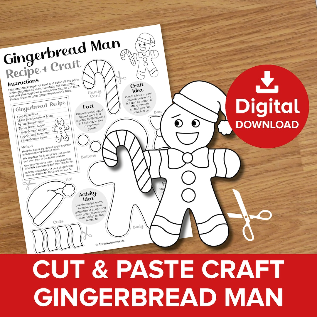 Gingerbread Man Cut & Paste Craft Plus Recipe Card, Christmas Color ...