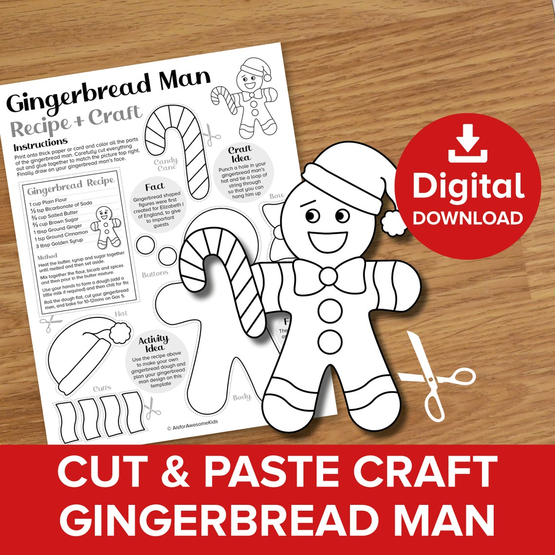 Gingerbread Man Cut & Paste Craft Plus Recipe Card, Christmas Color ...