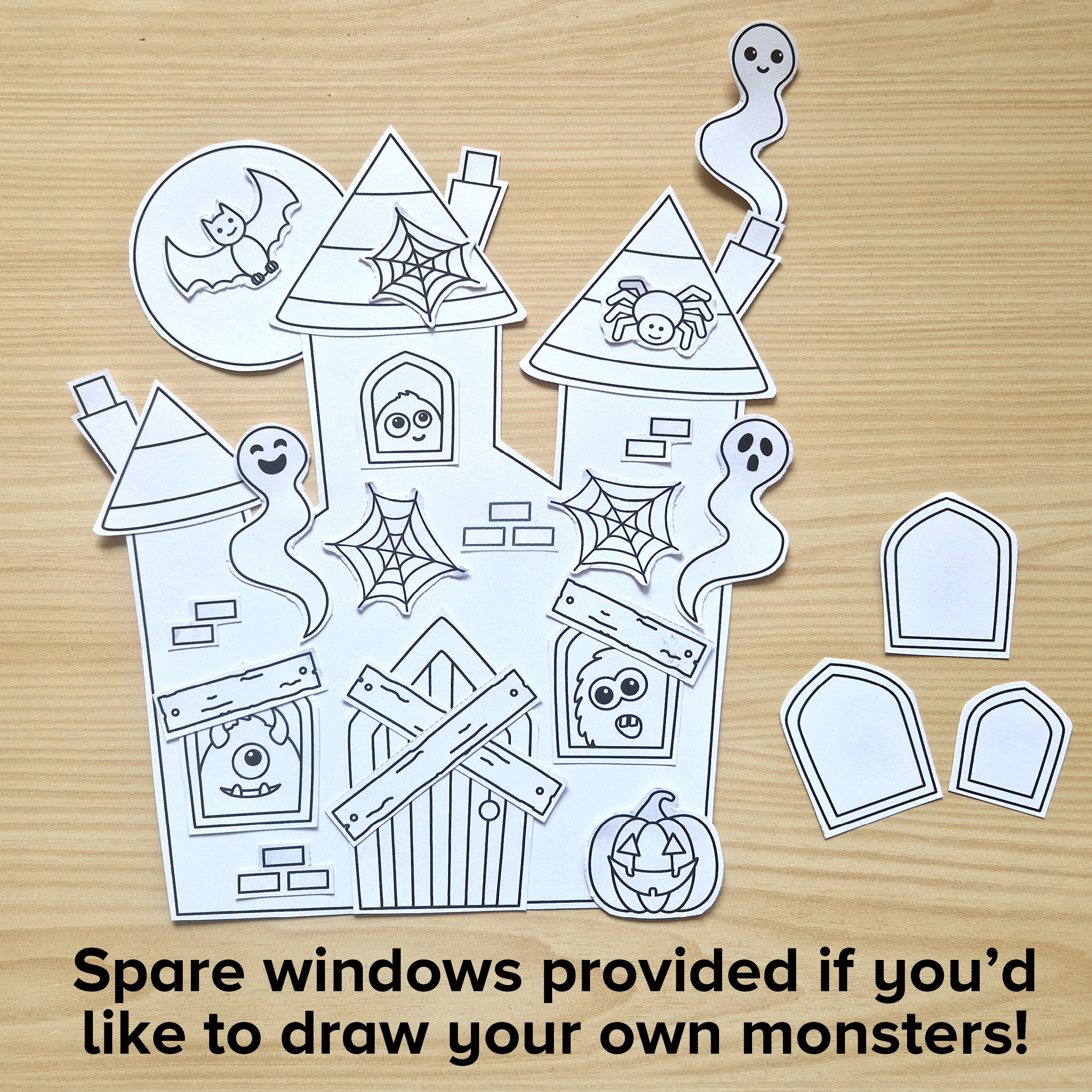 Haunted House Cut & Paste Craft, Build a Halloween Mansion Coloring ...