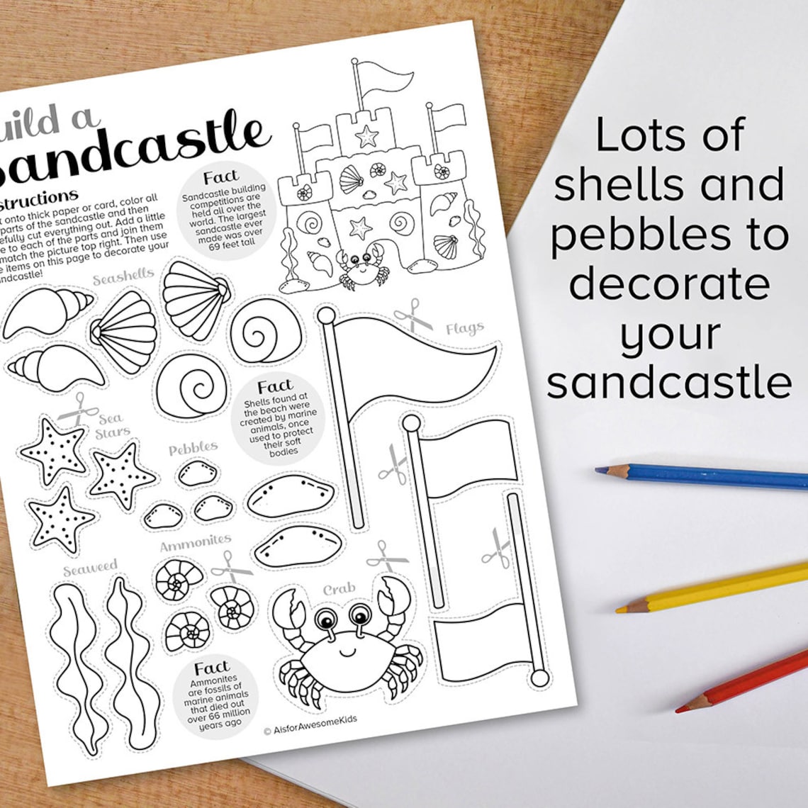 Sandcastle Cut & Paste Craft Printable, Beach Castle Color Build Kit ...
