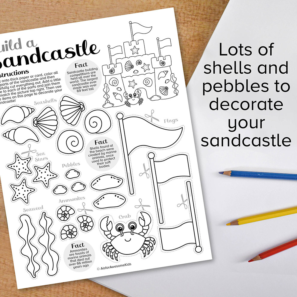 Sandcastle Cut & Paste Craft Printable, Beach Castle Color Build Kit ...