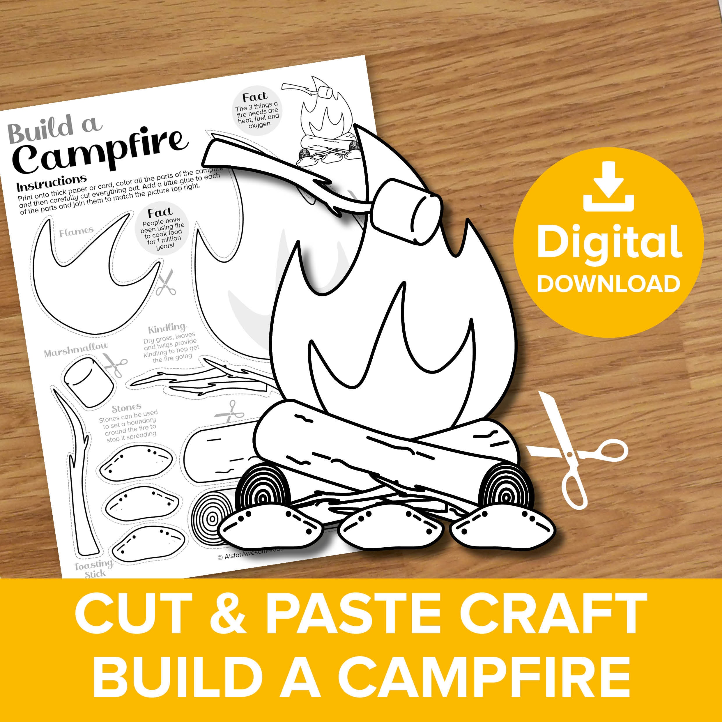 Campfire Cut & Paste Craft Printable, Summer Camping Color and Build ...
