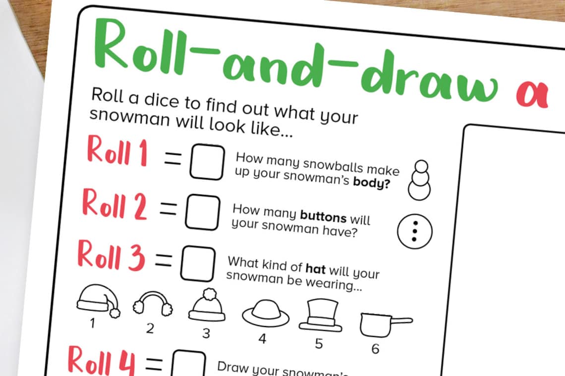 Roll & Draw a Snowman Drawing Prompt Activity, Kids Christmas Dice Game ...