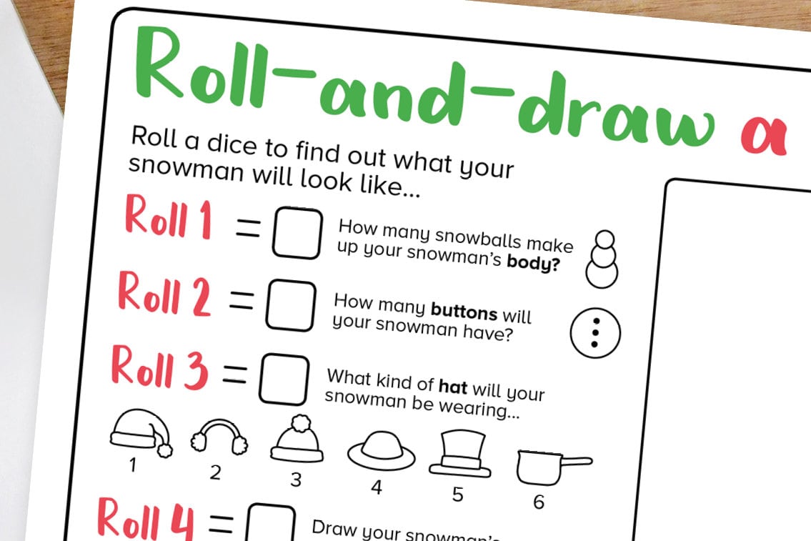 Roll & Draw a Snowman Drawing Prompt Activity, Kids Christmas Dice Game ...