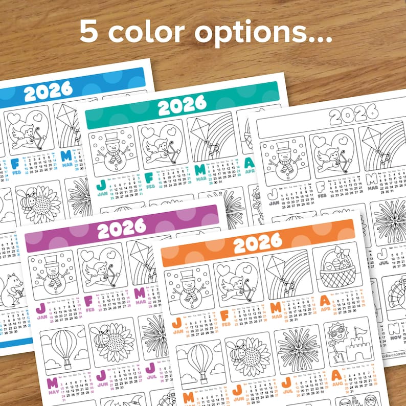 2026 Coloring Calendar, 1-page Photo Calendar, Kids Make Your Own Year ...