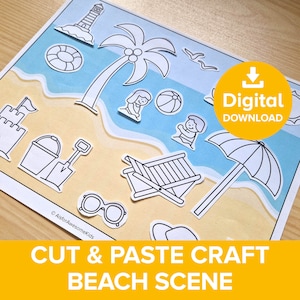 Beach Scene Cut & Paste Craft, Seaside Coloring Page Activity, Summer ...