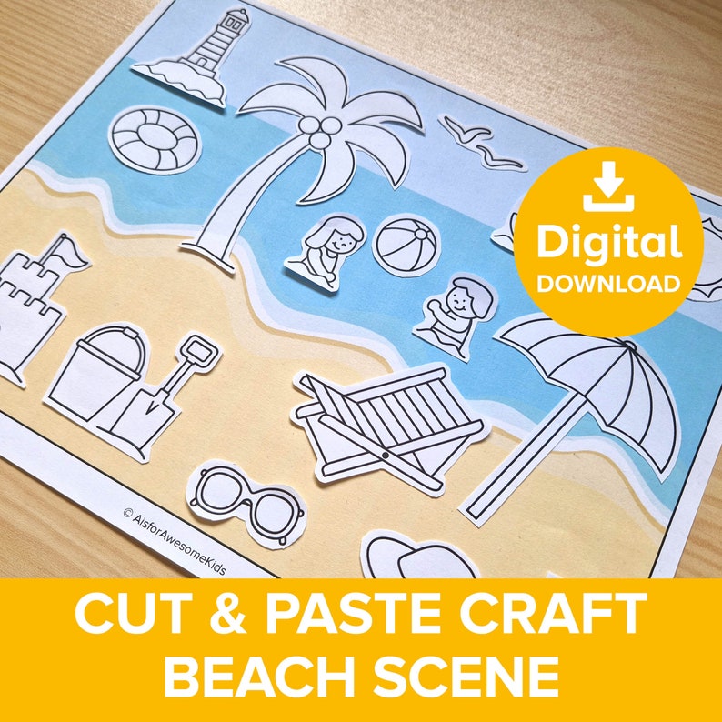 Beach Scene Cut & Paste Craft, Seaside Coloring Page Activity, Summer ...
