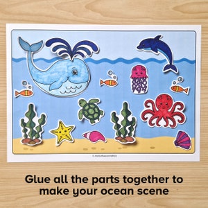 Ocean Scene Cut & Paste Craft, Sea Creatures Coloring Page Activity ...