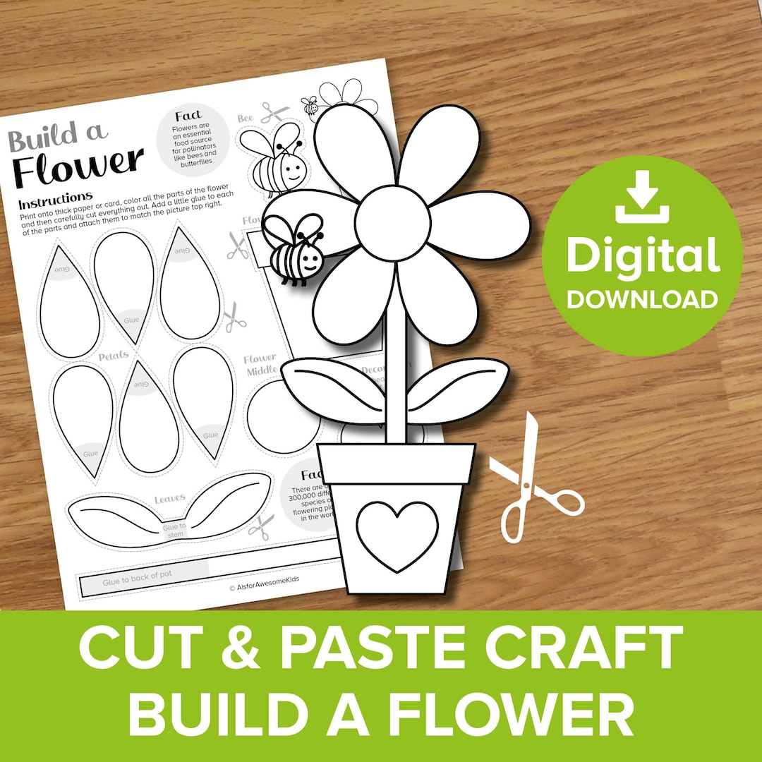 Flower Cut & Paste Craft Printable, Build a Spring Plant Pot Coloring ...