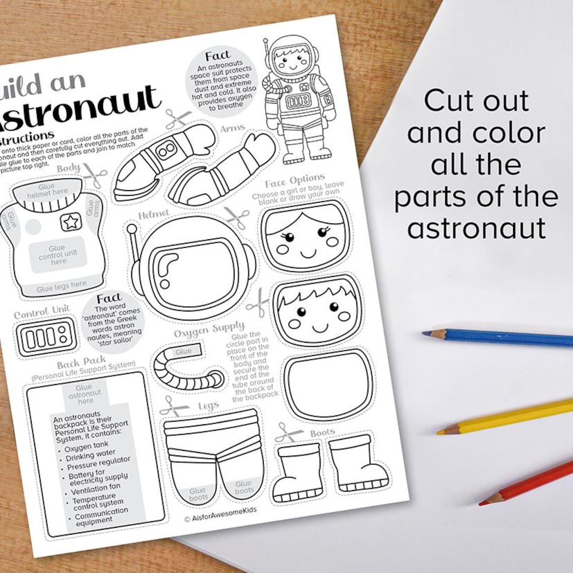 Astronaut Cut & Paste Craft, Color and Build Spaceman Puppet, Kids ...