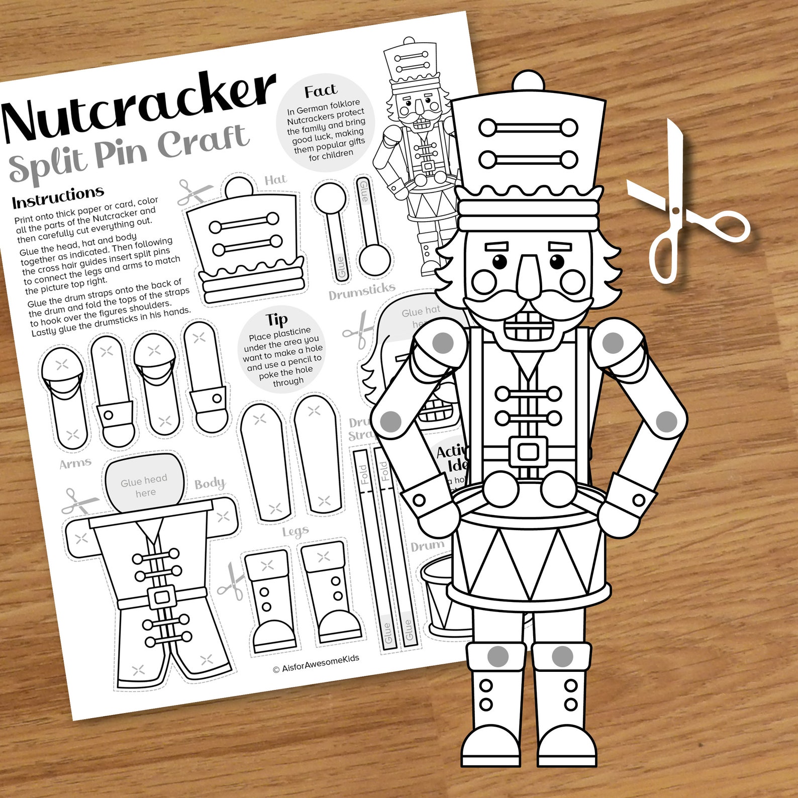 Nutcracker Split Pin Craft, Christmas Cut & Paste Color and Build Kit ...