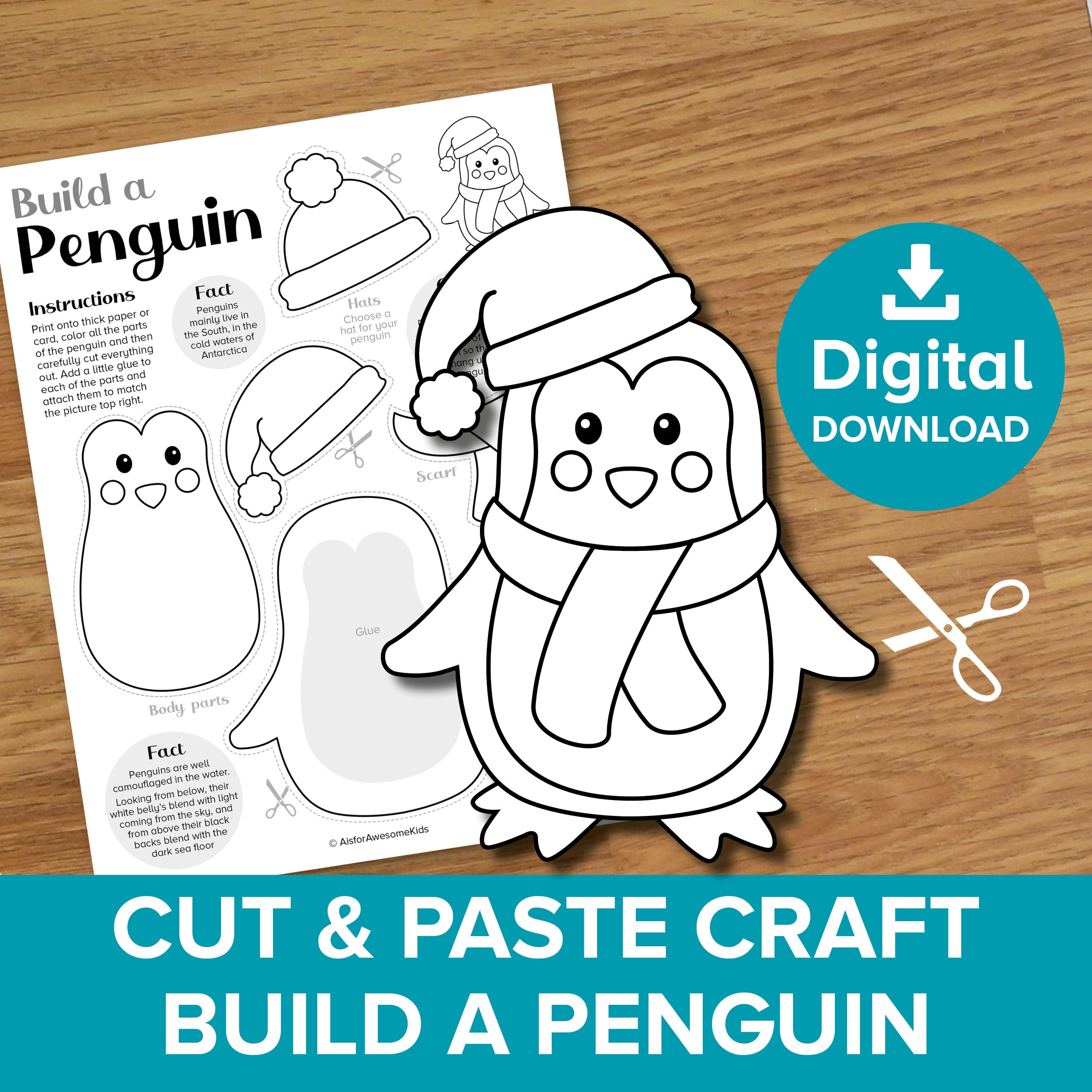 Penguin Cut & Paste Craft, Christmas Color and Build Kit, Paper Doll ...