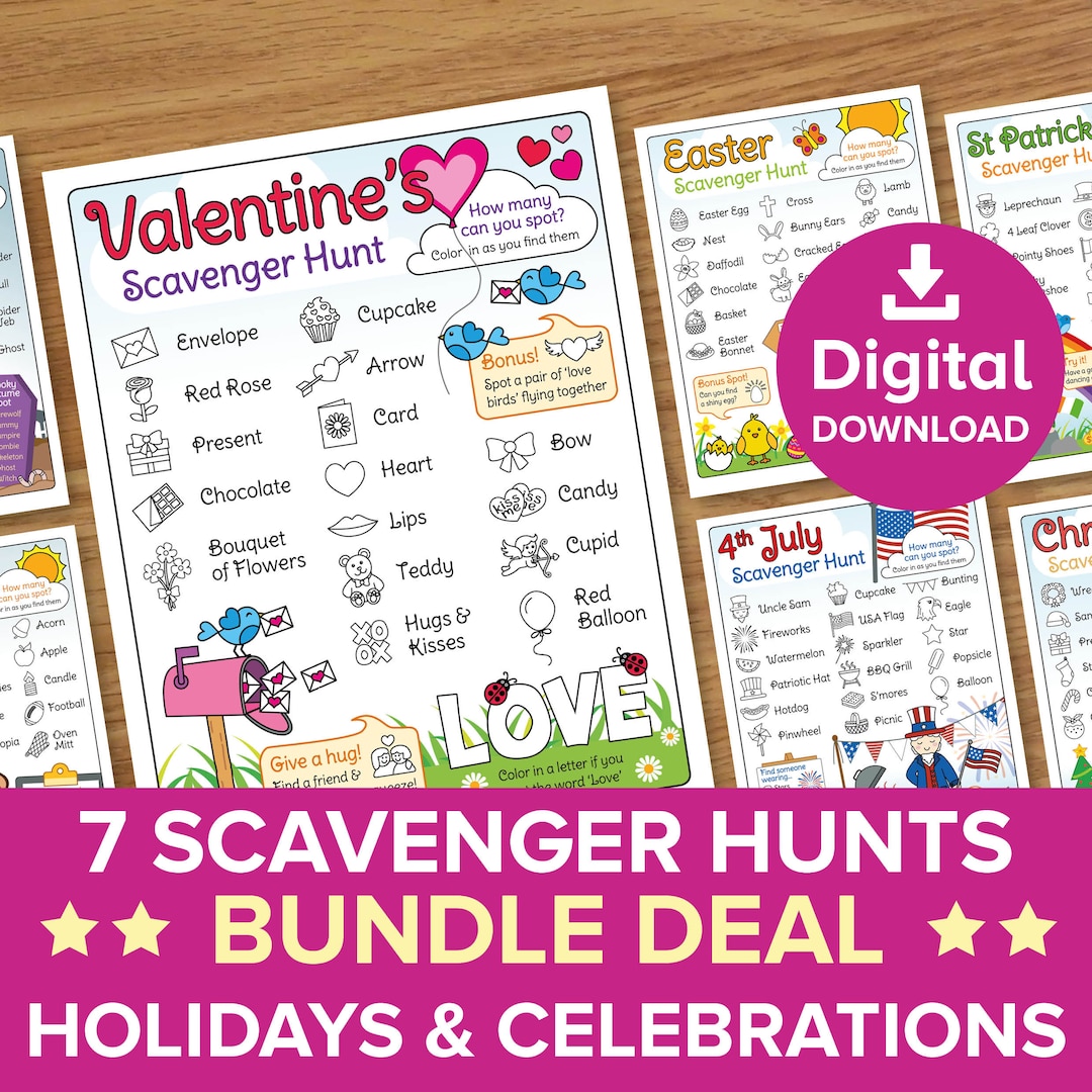 National Holidays Scavenger Hunt Bundle, 7 Celebration Find & Color ...