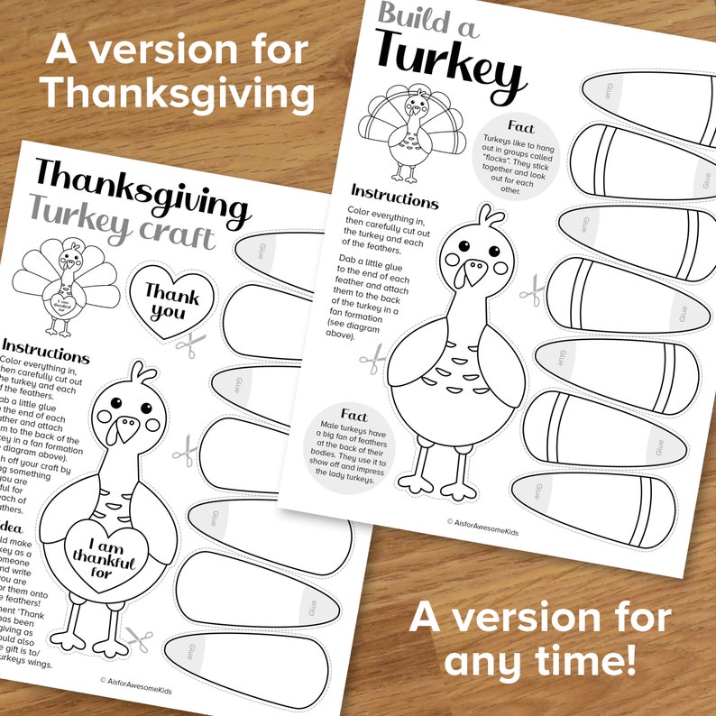 Thankful Turkey Cut & Paste Craft, Build a Thanksgiving Bird Coloring ...